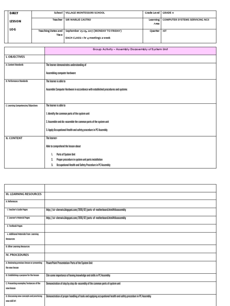 Grade 11 PC Assembly Lesson Plan | PDF | Learning | Teachers