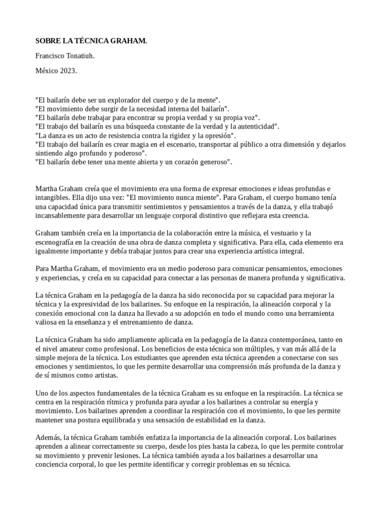 La Técnica Graham en la Danza Moderna | PDF | Bailes | Las emociones