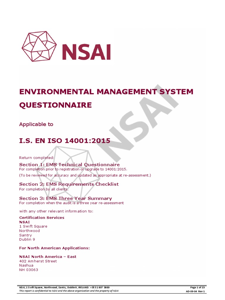 Environmental Management System Questionnaire: I.S. EN ISO 14001:2015 ...