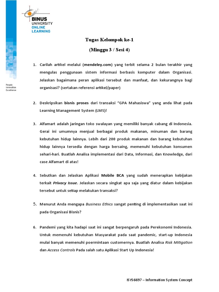 Tugas Kelompok Ke-1 (Minggu 3 / Sesi 4) : ISYS6697 - Information System Concept | PDF