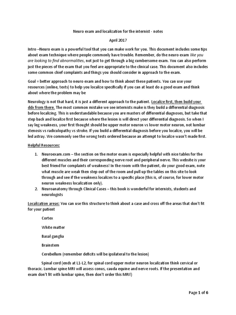 Neuro Exam and Localization For The Internist | PDF | Spinal Cord ...