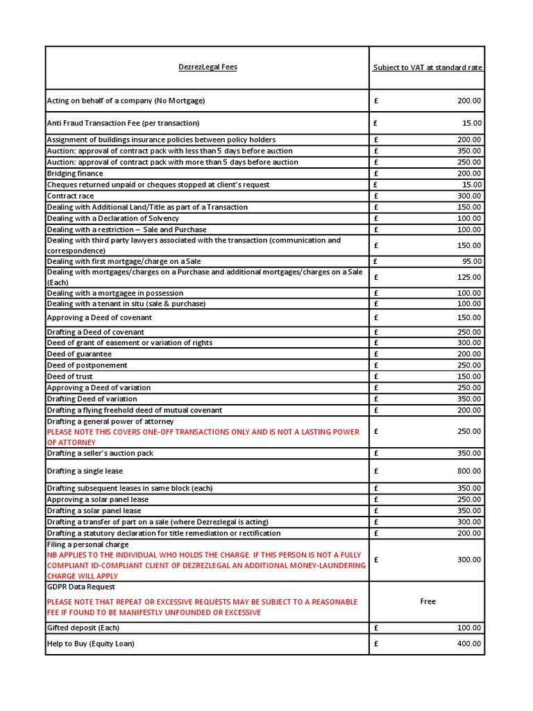 Dezrezlegal Additional Fees Sheet Sept 2022 | Download Free PDF | Mortgage Law | Deed