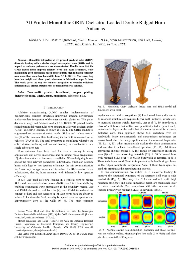 3D Printed Monolithic GRIN Dielectric Loaded Double Ridged Horn ...