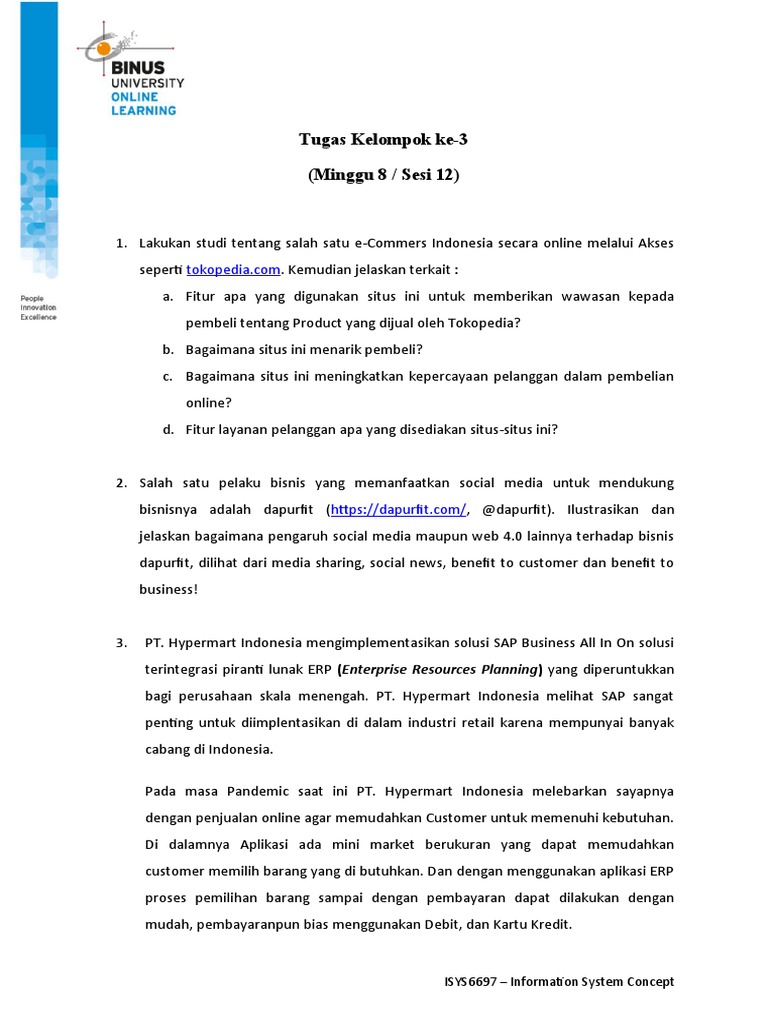 Tugas Kelompok Ke-3 (Minggu 8 / Sesi 12) : ISYS6697 - Information System Concept | PDF | Bisnis