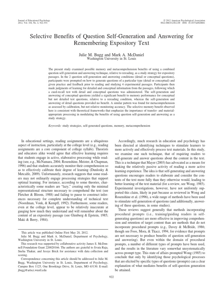 Selective Benefits of Question Self-Generation and Answering For Remembering Expository Text ...