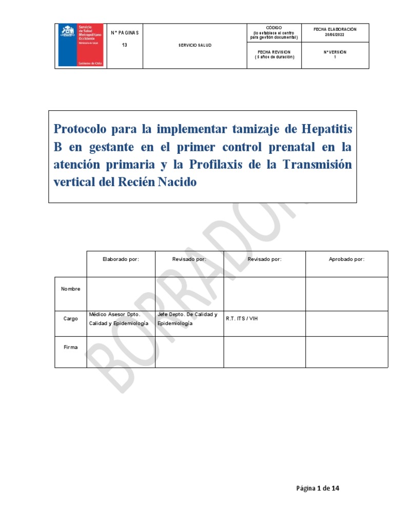 BORRADOR PROTOCOLO Tamizaje de Hepatitis B en La Embarazada en El Primer Control Prenatal APS PJ ...