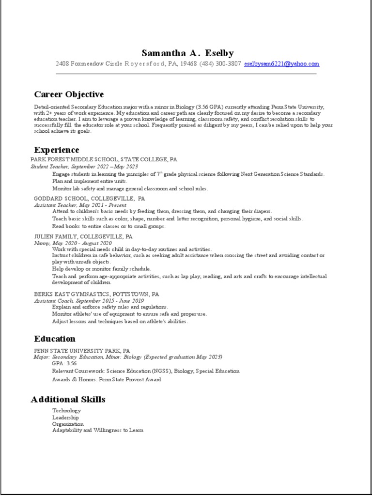 Samantha A Eselby Resume | Download Free PDF | Teachers | Schools