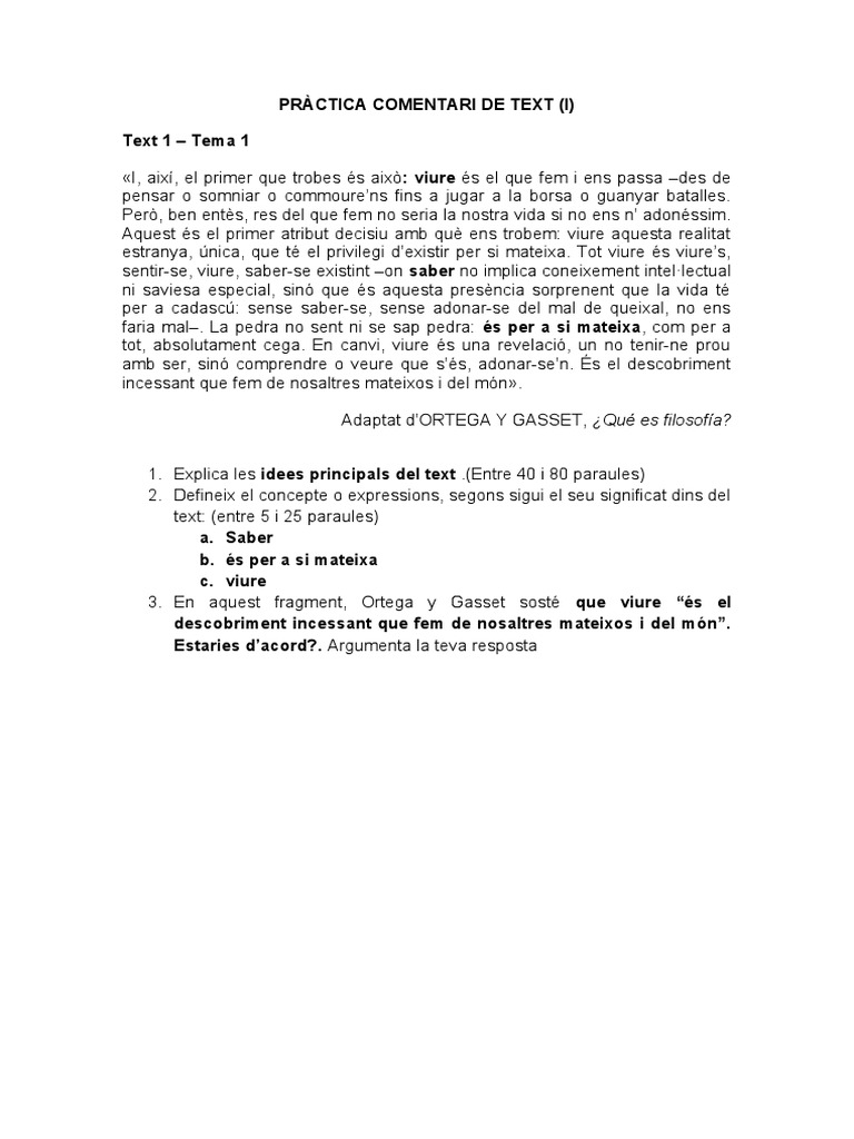 Pràctica Comentari de Text (I) Text 1 - Tema 1 | PDF