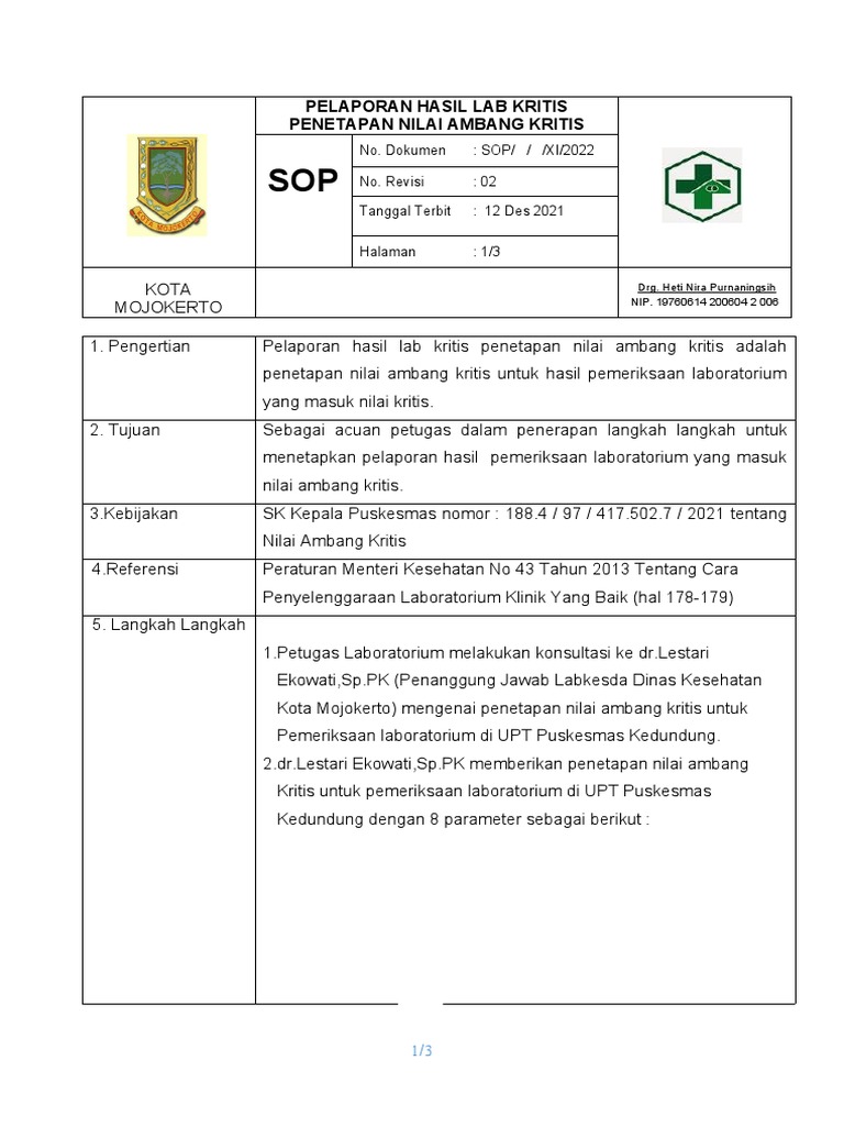 8.1.4.2 SOP - LAB-45 Pelaporan Hasil Kritis Penetapan Nilai Ambang Kritis | PDF