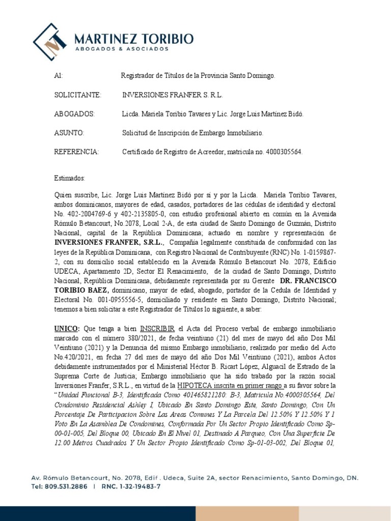 Solicitud de Inscripción de Embargo Inmobiliario | PDF | Derecho