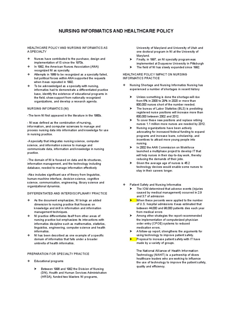 Nursing Informatics and Healthcare Policy: Information, and Computer ...