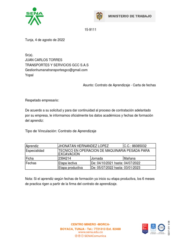 Carta Fechas 86085032 2023427 | PDF | Aprendizaje