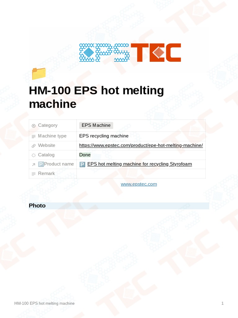 HM-100 - EPS - Hot - Melting - Machine Technology Data Sheet | PDF | Extrusion | Physical Sciences