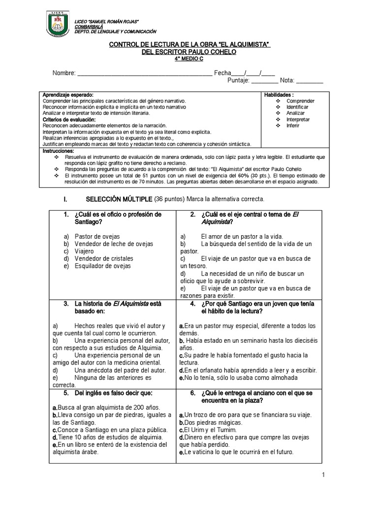 Control de Lectura: "El Alquimista" Coelho | PDF | Alquimia