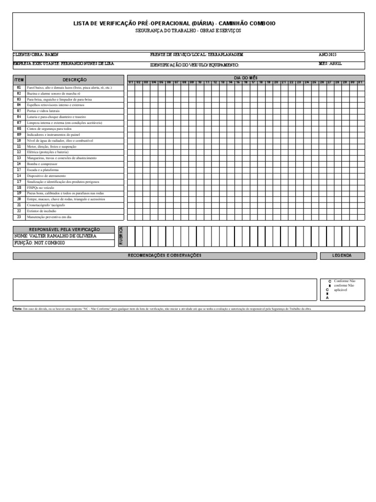 Check List Mensal - Caminhão Comboio | PDF | Veículos terrestres ...