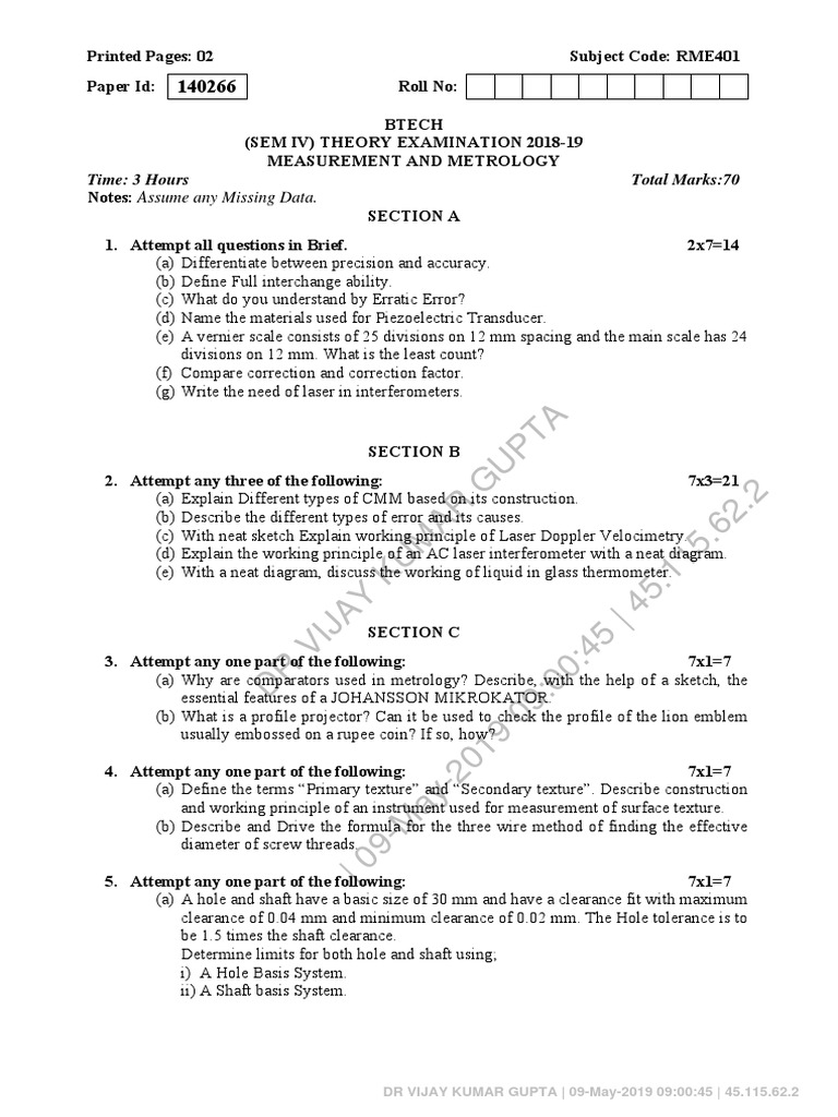 Measurement and Metrology Rme 401 | PDF | Engineering Tolerance | Metrology