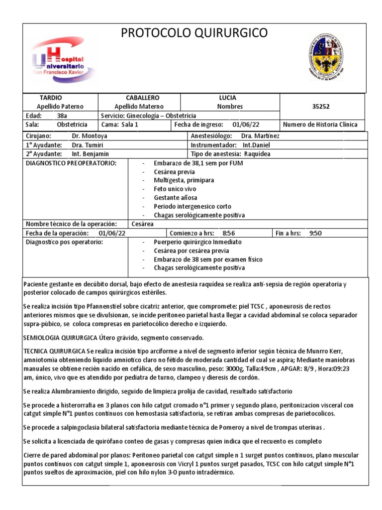 Protocolo Quirurgico: Lucia 35252 | PDF | El embarazo | Seccion de cesárea