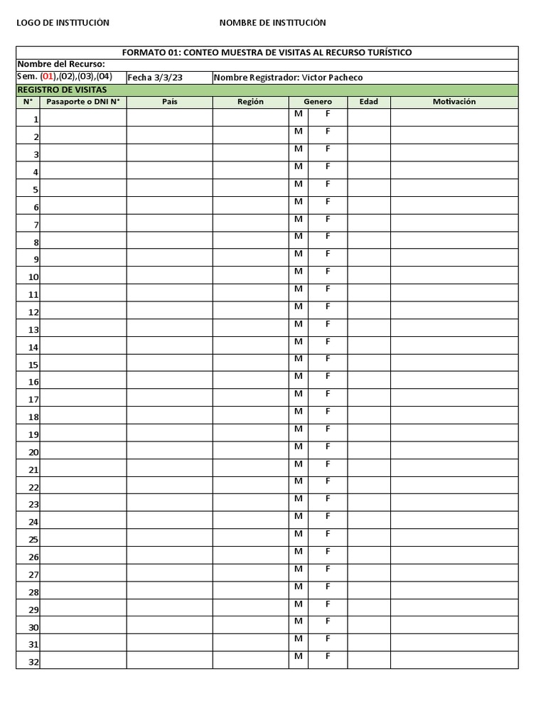 Formato 01: Conteo Muestra de Visitas Al Recurso Turístico Nombre Del ...