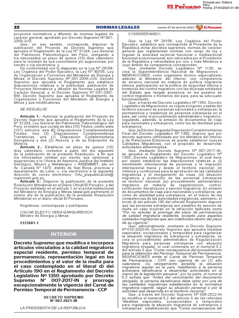 Decreto Supremo #003-2023/IN para Regularizar A Los Migrantes Que Se ...