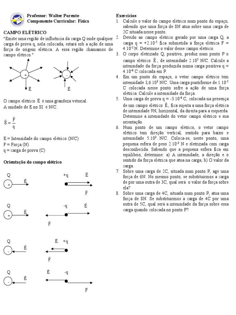 Apostila de Física - Campo Elétrico | PDF | Campo elétrico | Eletricidade
