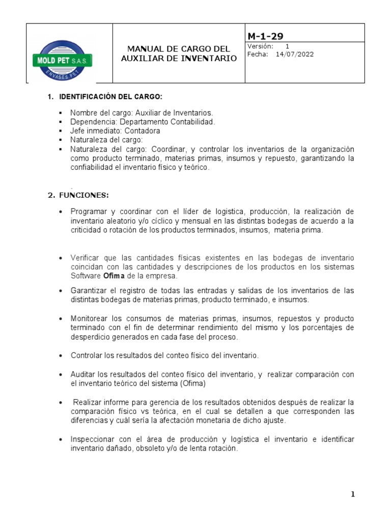 M-1-1 Manual de Funciones Del Auxiliar de Inventario | PDF | Logística | Inventario