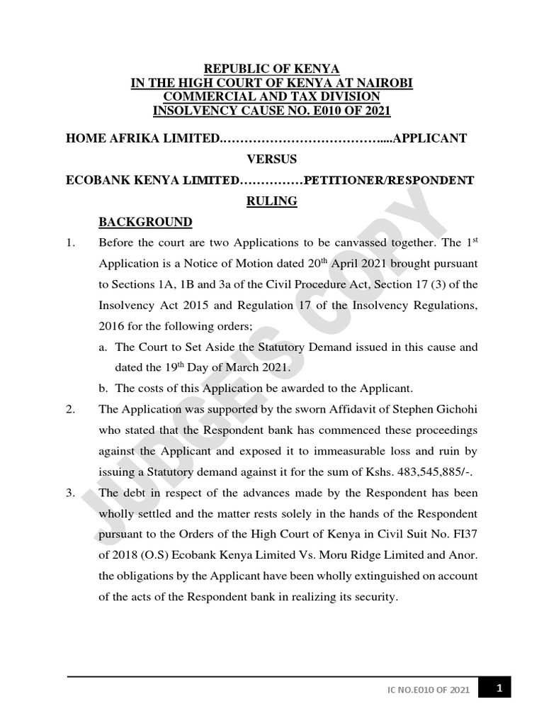 Home Afrika Limited V Ecobank Kenya Limited (Insol 230321 082056 | PDF ...