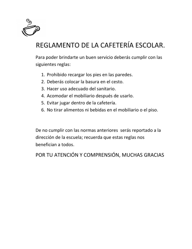 Reglas De La Cafetería De La Escuela Primaria