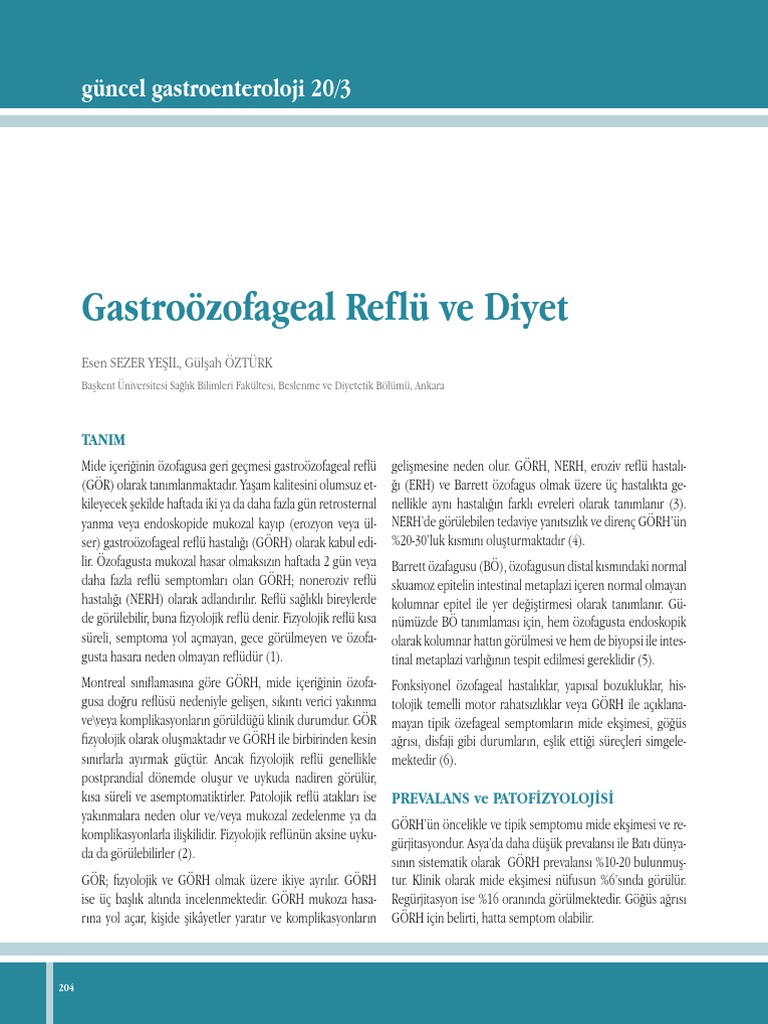 Gastroözofageal Reflü Ve Diyet: Güncel Gastroenteroloji 20/3 | PDF