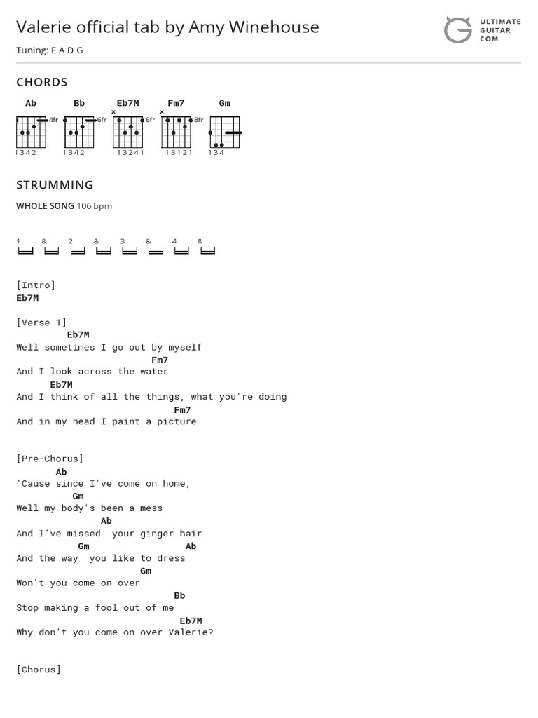 Amy Winehouse's Valerie Guitar Tabs | PDF | Song Structure | Elements ...