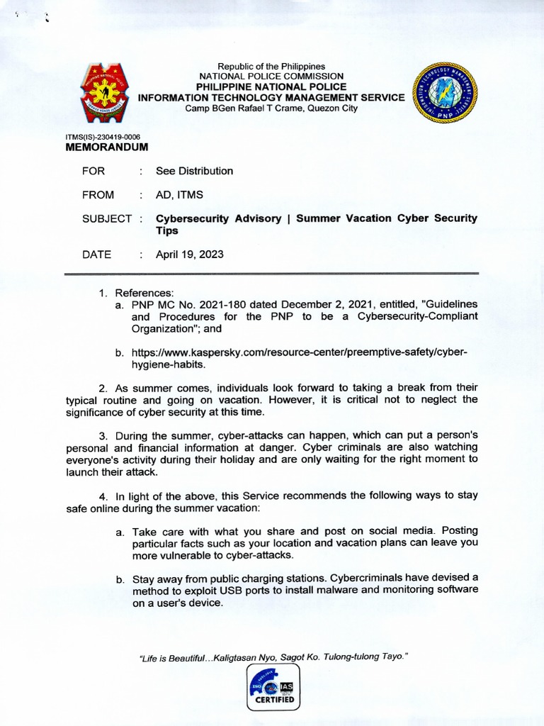 Cybersecurity Advisory Summer Vacation Cyber Security Tips | PDF ...