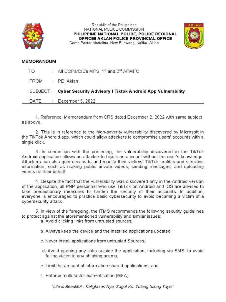 Cyber Security Advisory I Tiktok Android App Vulnerability | PDF | Computer Security | Security