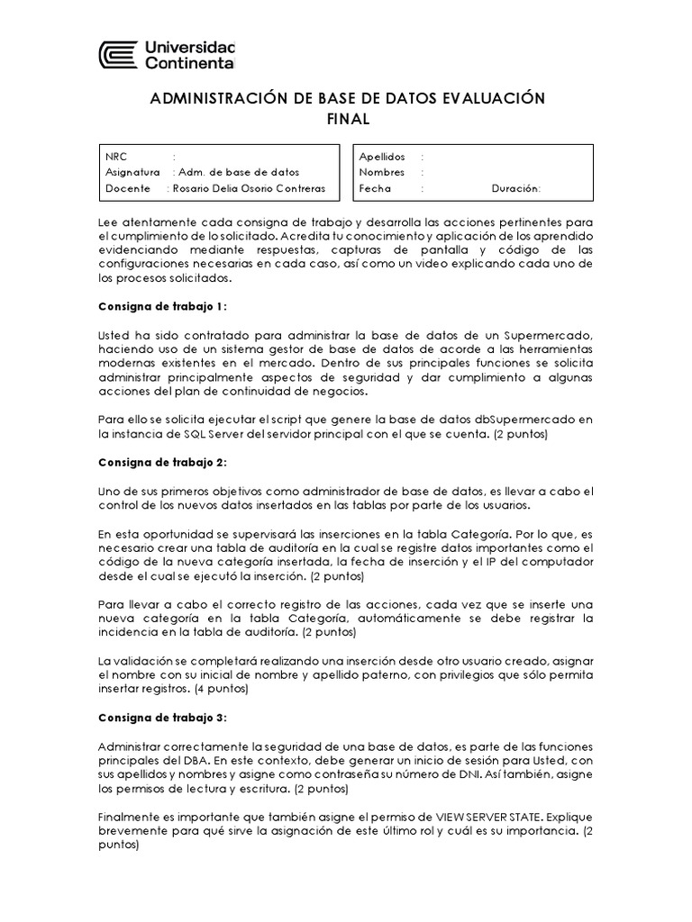 Evaluación Final - DBA | PDF | Bases de datos | Servidor SQL de Microsoft
