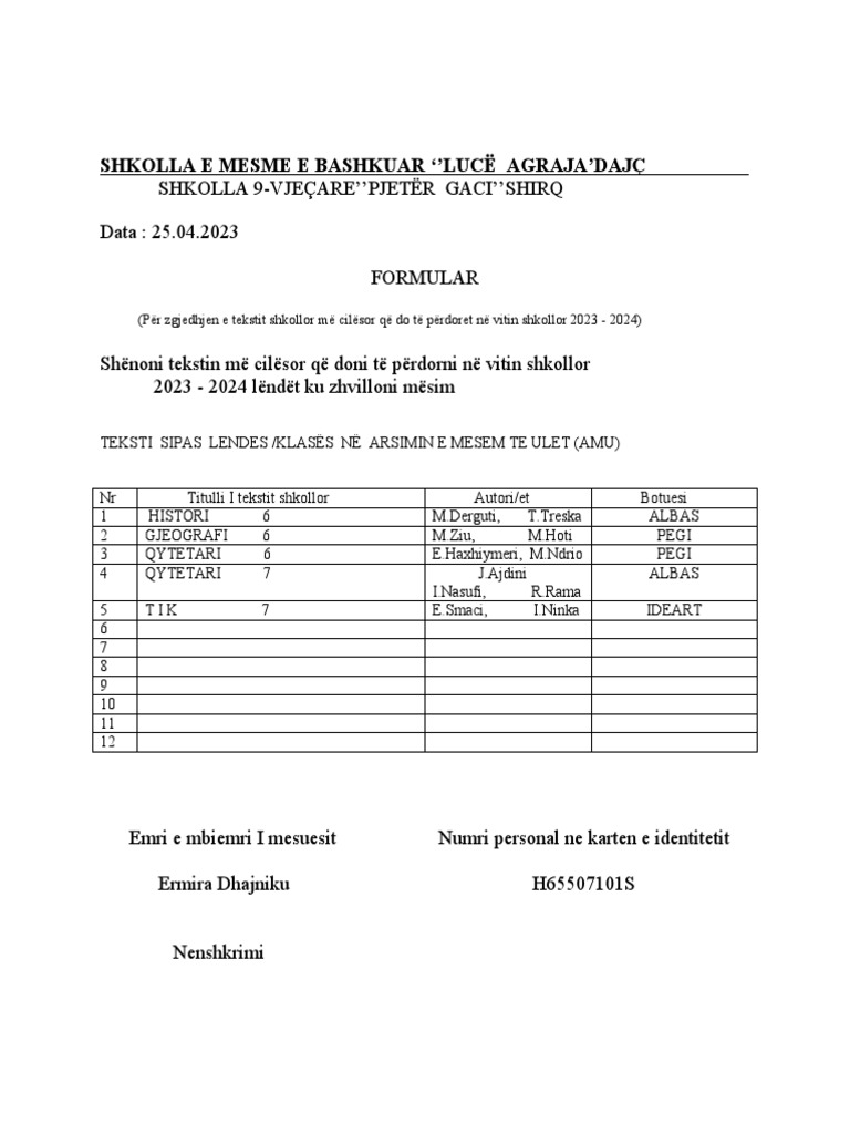 Formular I Perzgje Se Teksteve SHIRQ | PDF