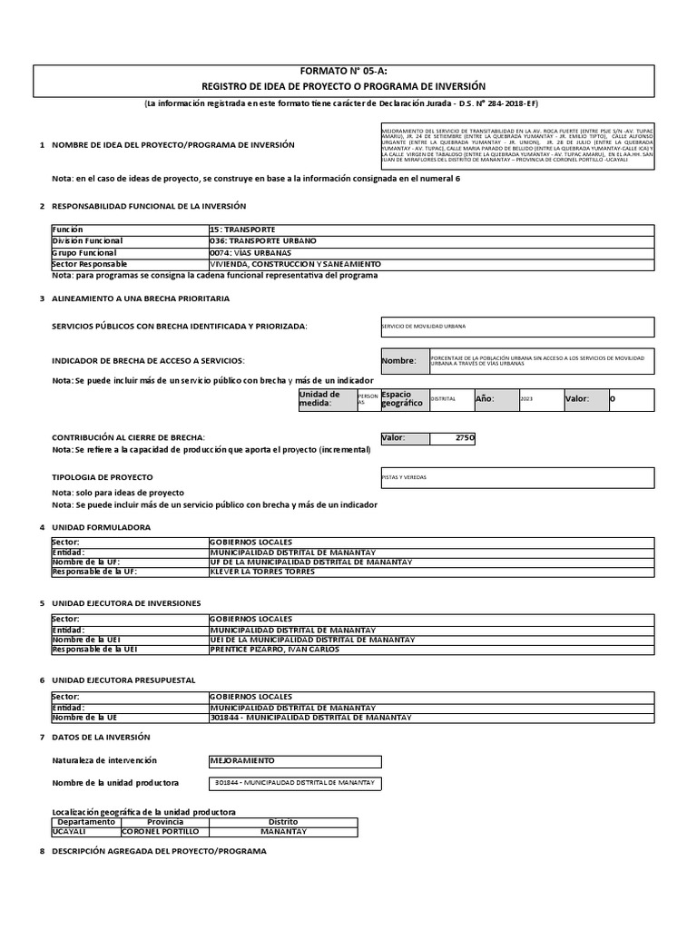 Formato #05-A: Registro de Idea de Proyecto O Programa de Inversión | PDF | Economias
