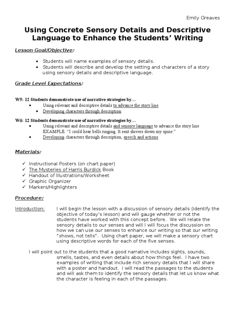 Grades 5 and 6 Lesson Sensory Details | PDF | Perception | Narrative