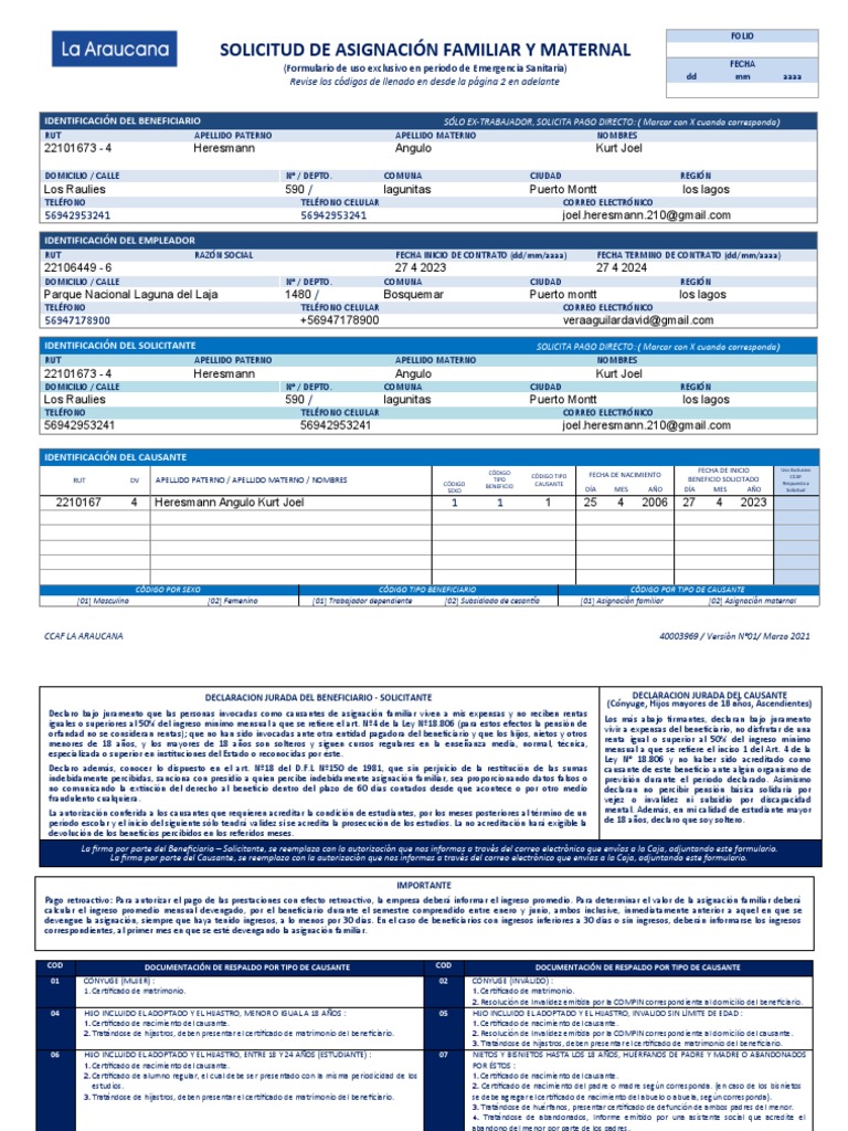 La Araucana Solicitud de Asignacion Familiar y Maternal Formulario ...