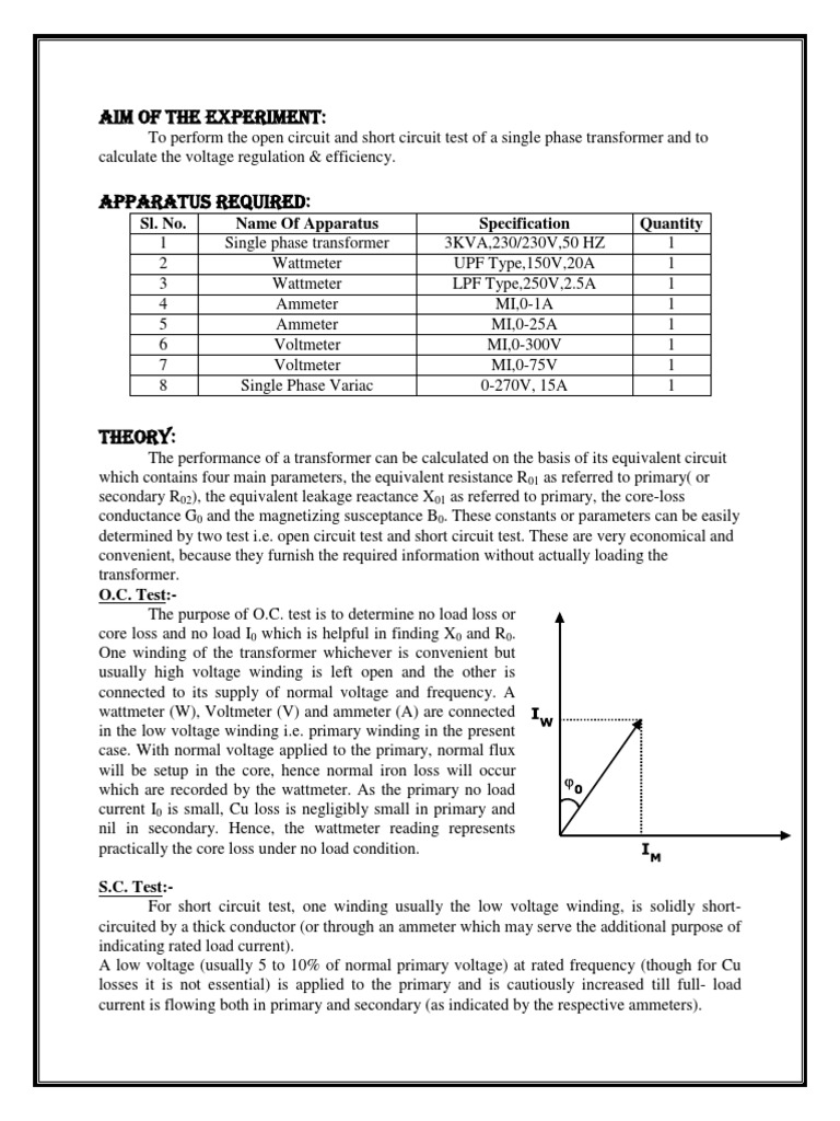 Aim of The Experiment:: Sl. No. Name of Apparatus Specification Quantity | PDF | Transformer ...