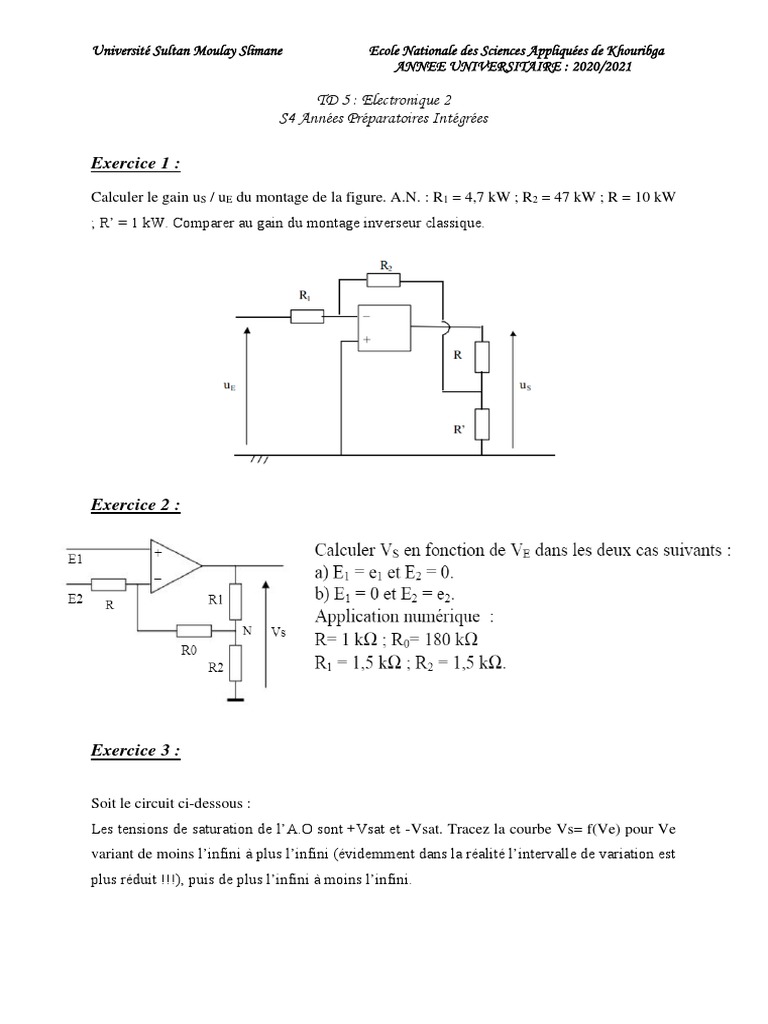 Exercice 1:: TD 5: Electronique 2 S4 Années Préparatoires Intégrées | PDF
