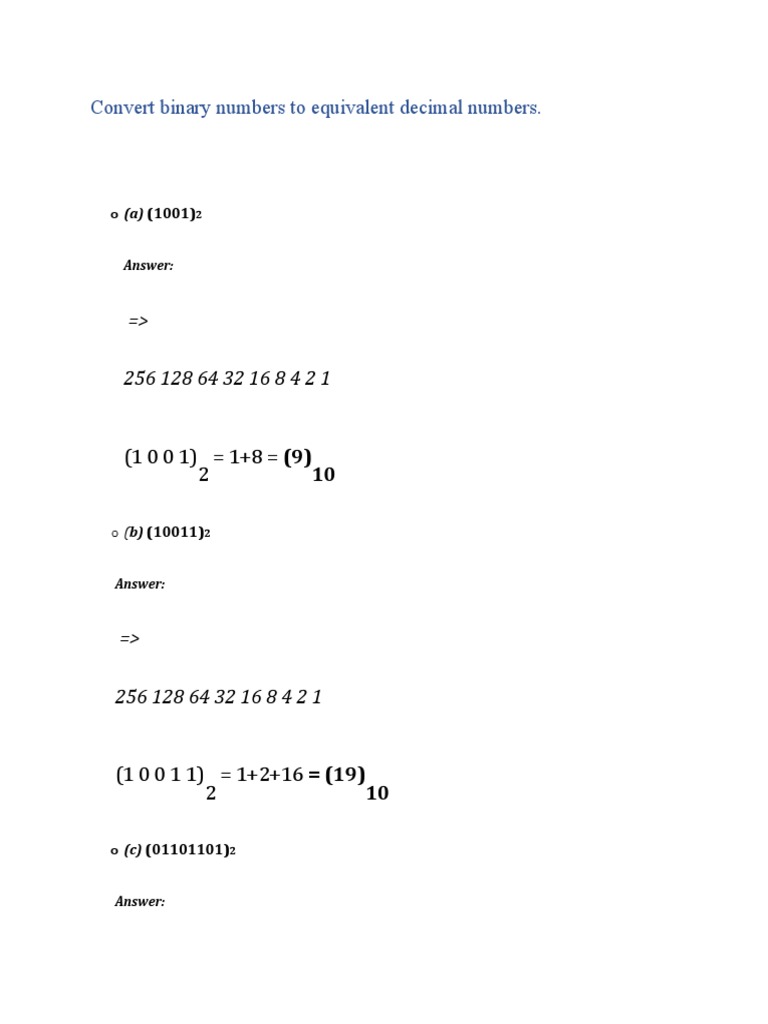 Convert Binary Numbers To Equivalent Decimal Numbers Answer Pdf Notation Naming Conventions 7313