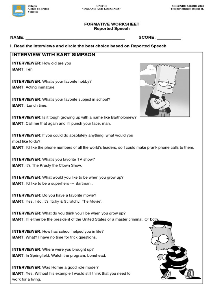 2M - FORMATIVE - Reported Speech | PDF | Bart Simpson | The Simpsons