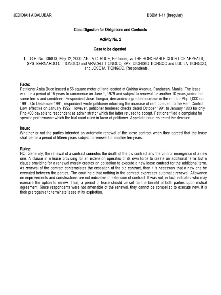 Case Digestion Activity No. 2 For Oblicon | PDF | Lease | Courts