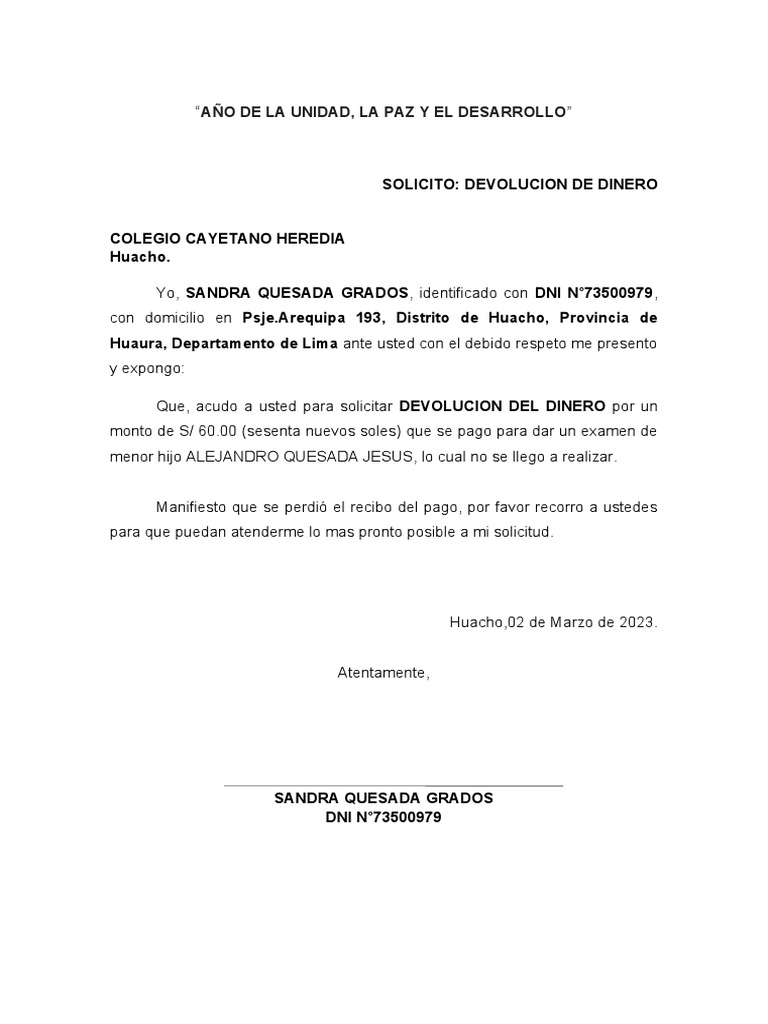 Solicito: Devolucion de Dinero Colegio Cayetano Heredia Huacho | PDF