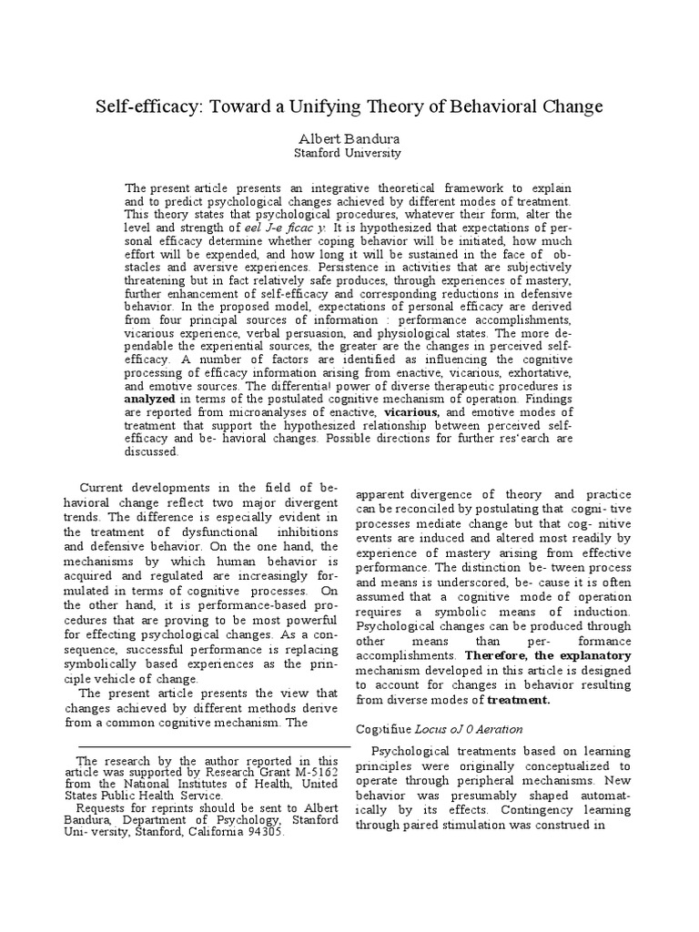 Self-Efficacy: Toward A Unifying Theory of Behavioral Change | PDF | Self Efficacy | Anxiety