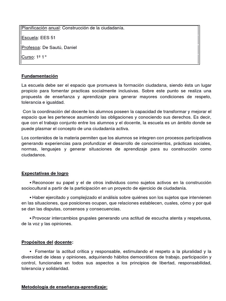 Planificacion Y Programa 1 Ano Construccion De La Ciudadania Pdf