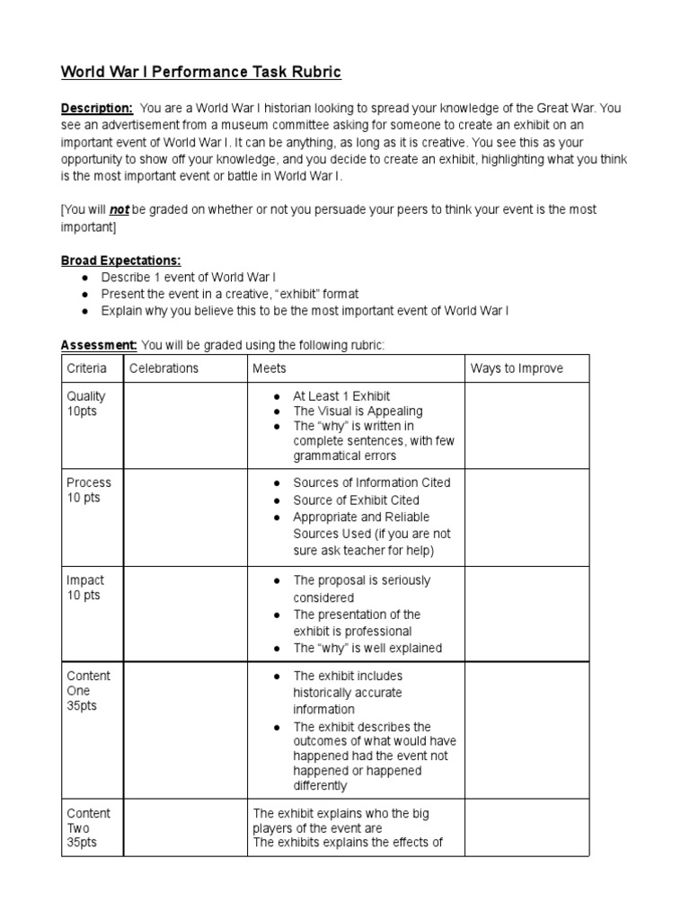 World War I Performance Task Rubric | Download Free PDF | Rubric ...