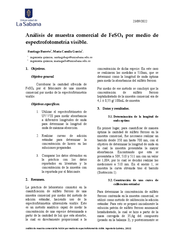 Informe Análisis de Muestras Comerciales Por Espectrofotometría | PDF | Espectrofotometria ...