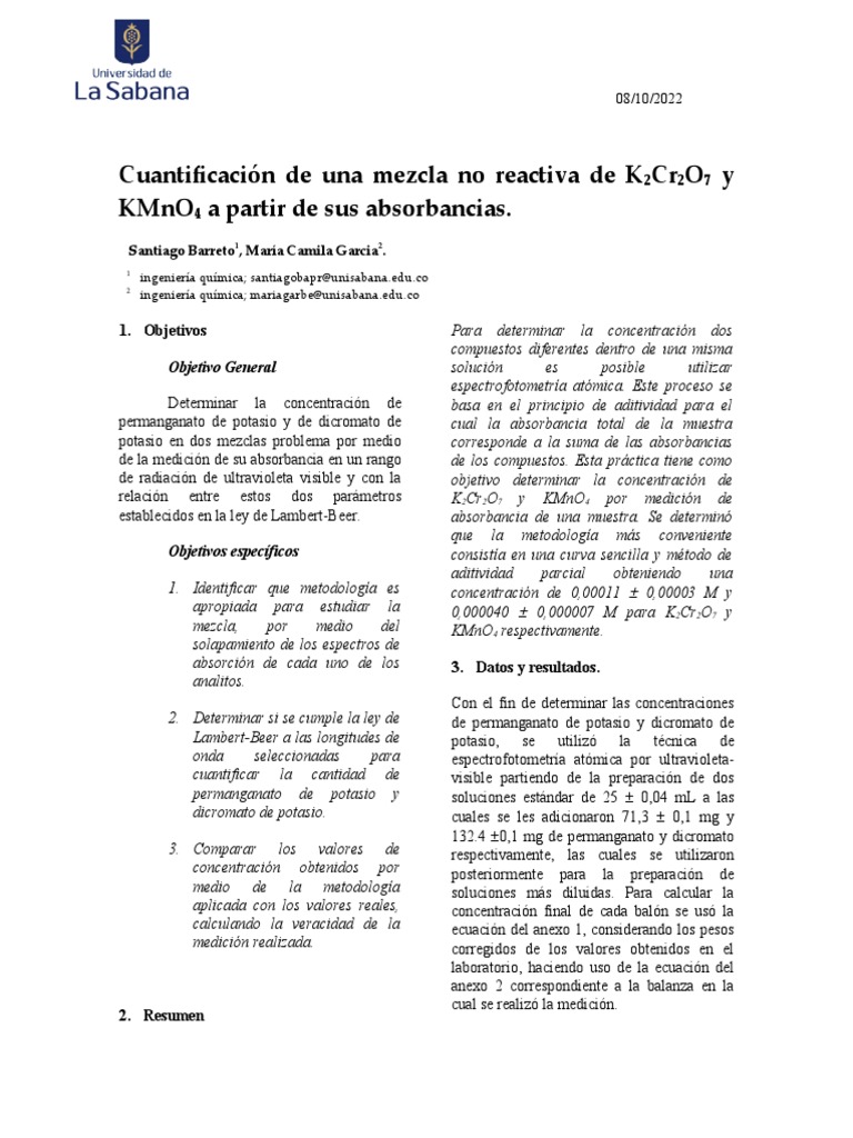 Cuantificación de K2Cr2O7 y KMnO4 | PDF