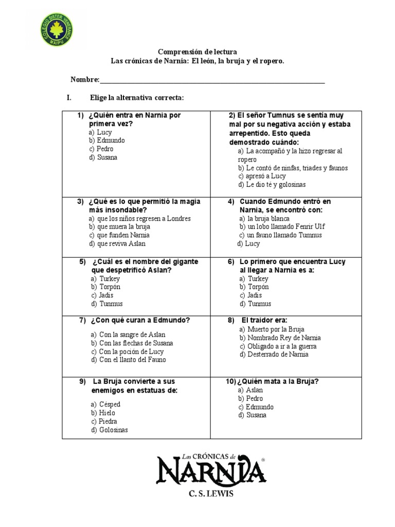 Comprensión de Lectura Las Crónicas de Narnia: El León, La Bruja y El ...