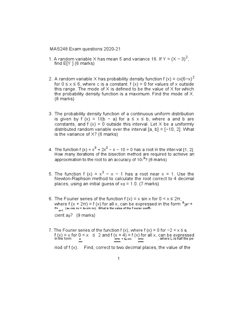 (9 Marks) 7. The Fourier Series of The Function F (X), Where F (X) 0 For 2 X | PDF | Probability ...