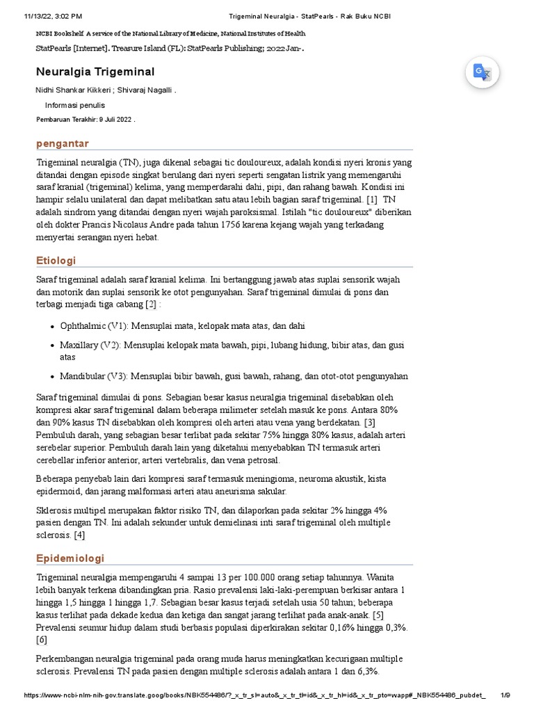 Trigeminal Neuralgia - StatPearls - Rak Buku NCBI | PDF | Kesehatan ...
